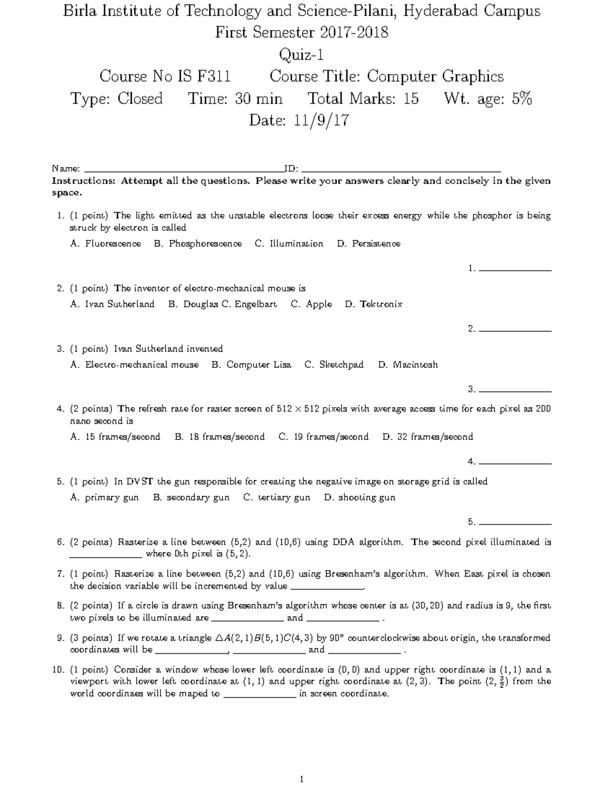 Quiz 1 1 1 - Previous year paper - Birla Institute of Technology and Science-Pilani, Hyderabad ...