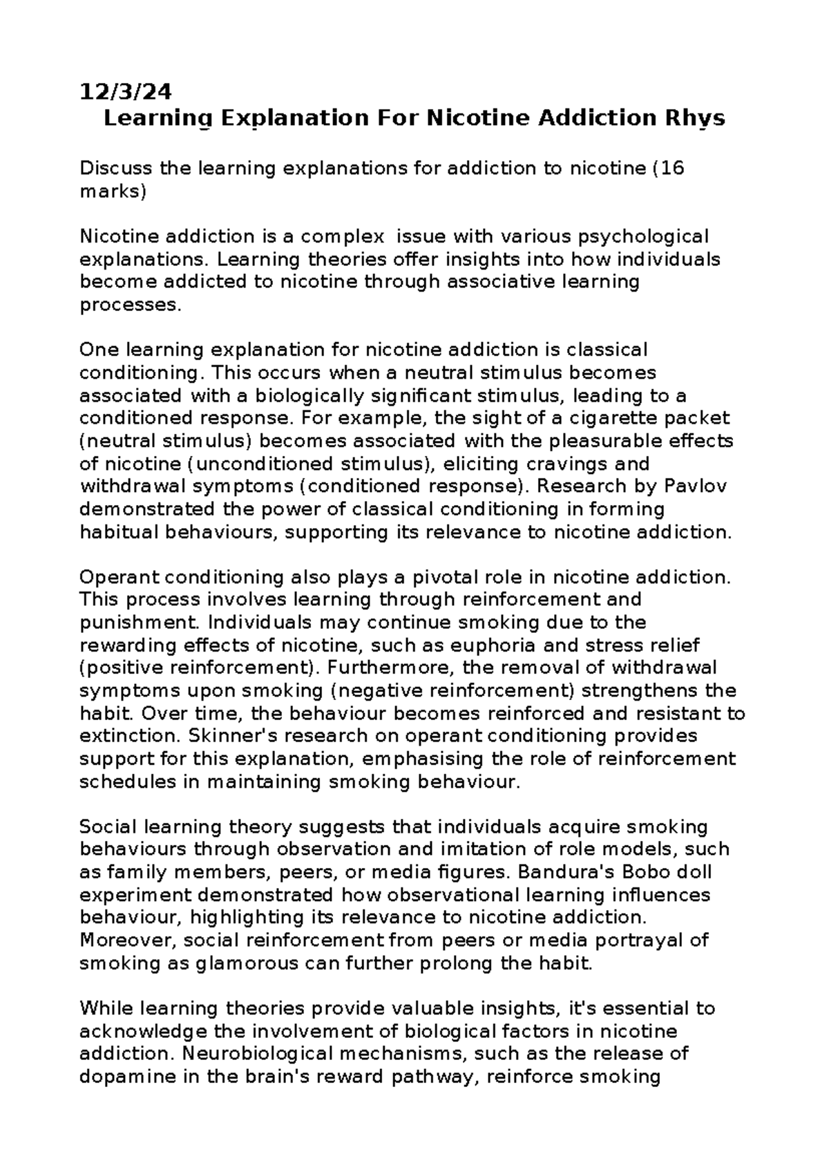 12.3.24 Learning Explanation For Nicotine Addiction Rhys word - 12/3 ...