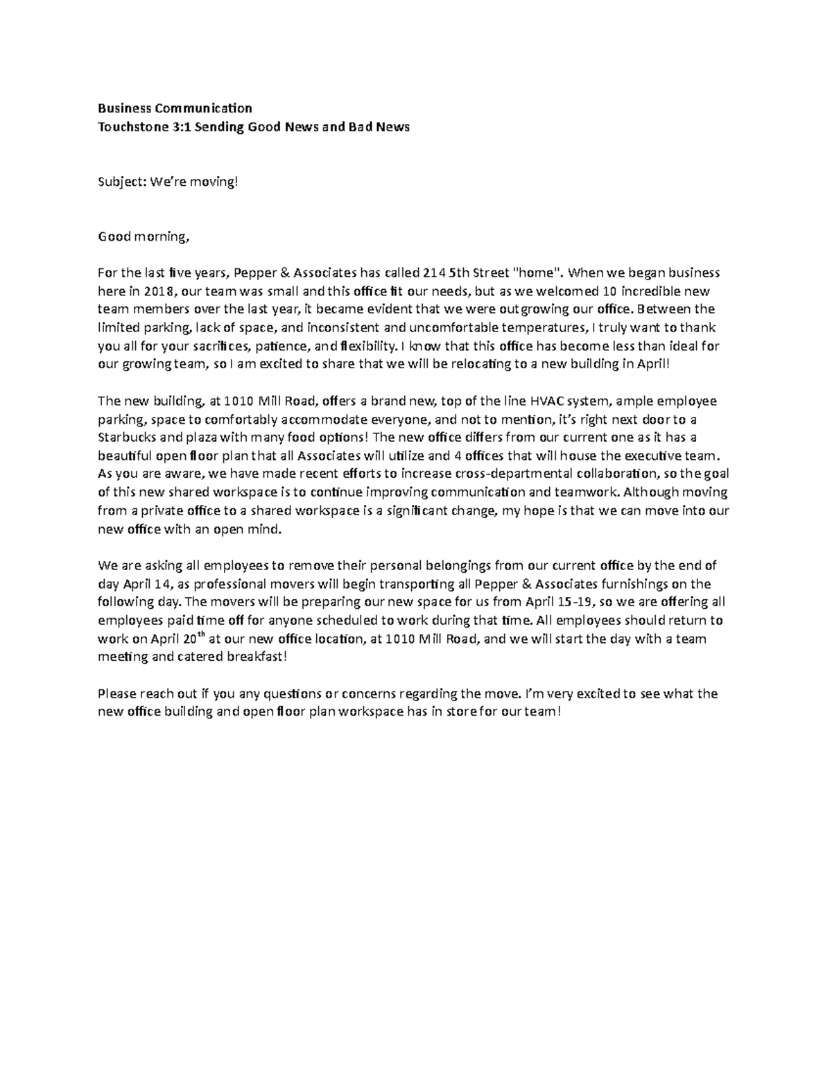 Bus Comm Touchstone 3 - Business Communication Touchstone 3:1 Sending Good News and Bad News ...