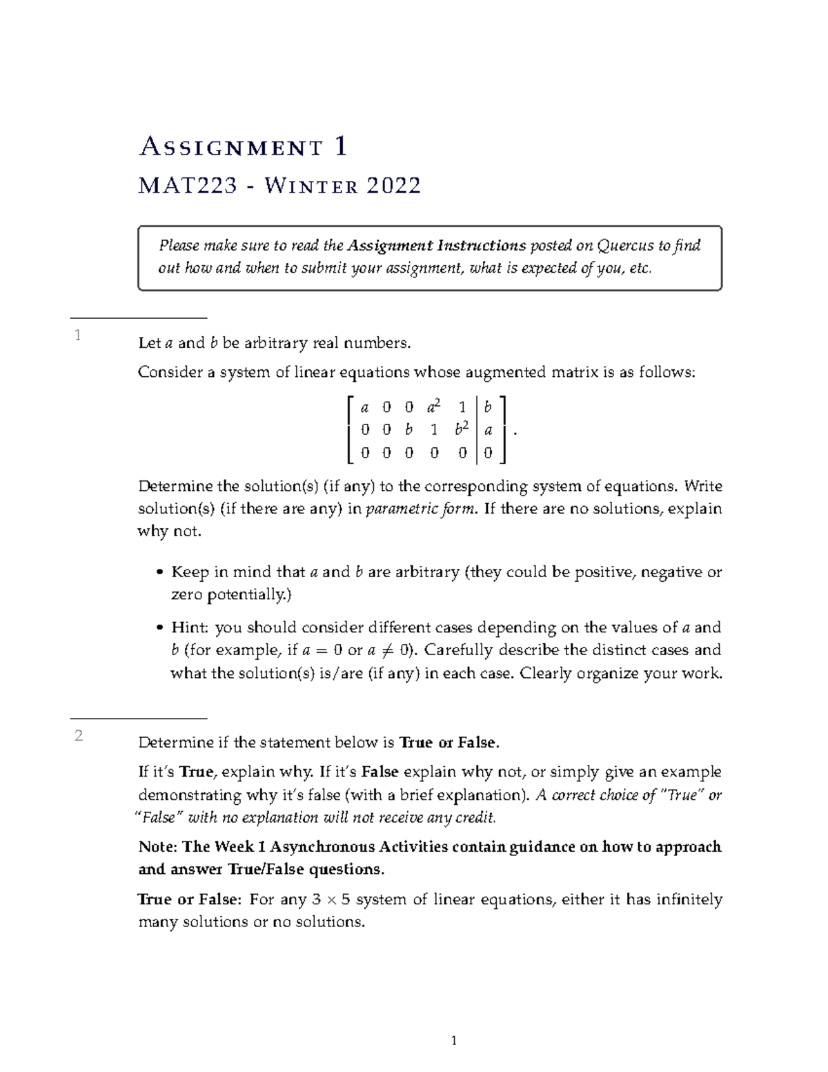 A1 - this is a assignment material - As s i g n m e n t 1 MAT223 - Wi n ...