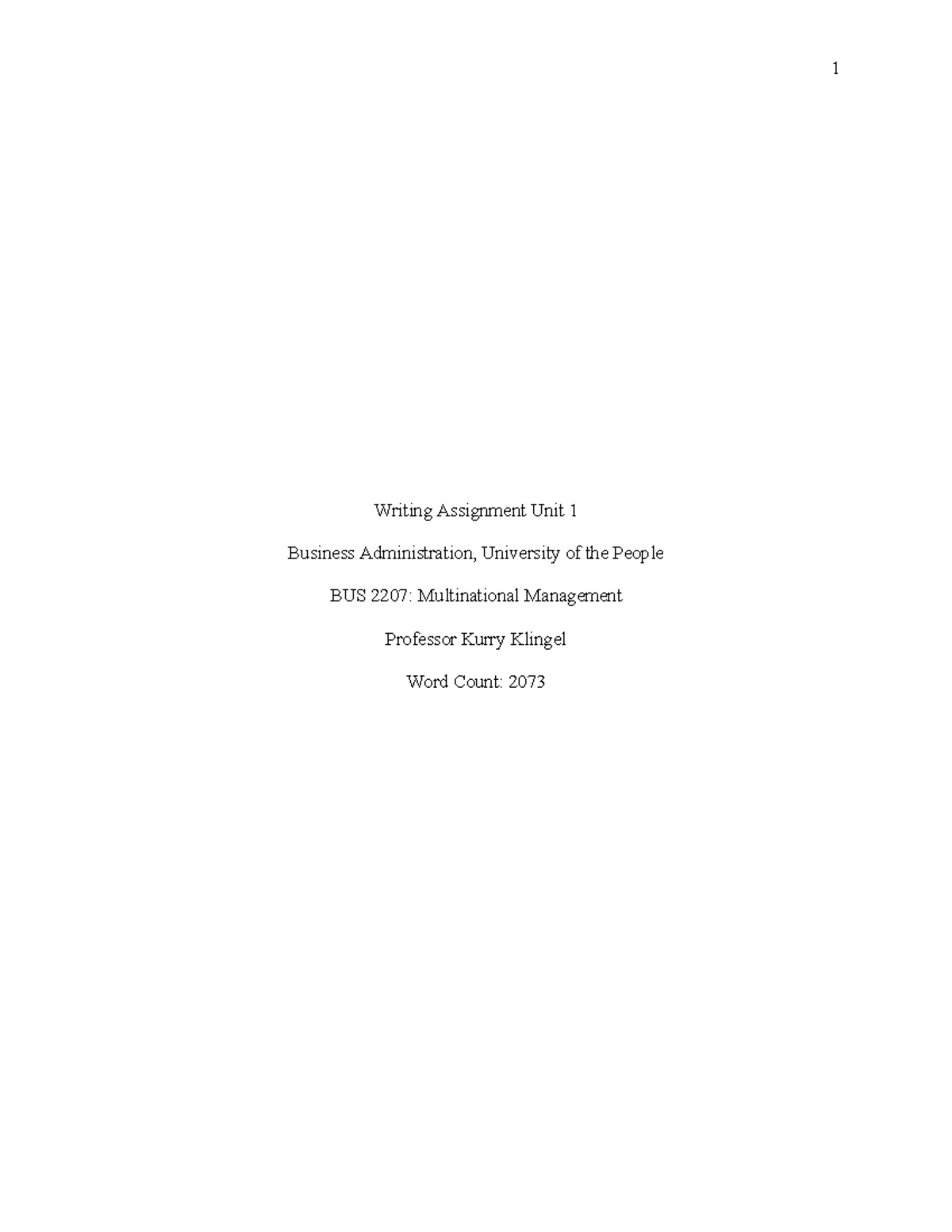 BUS 2207- Multinational Management- Writing Assignment- Unit 1 - Writing Assignment Unit 1 ...