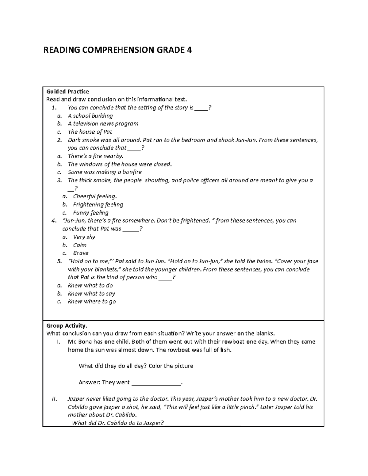English Reading and Comprehension 4 - READING COMPREHENSION GRADE 4 ...