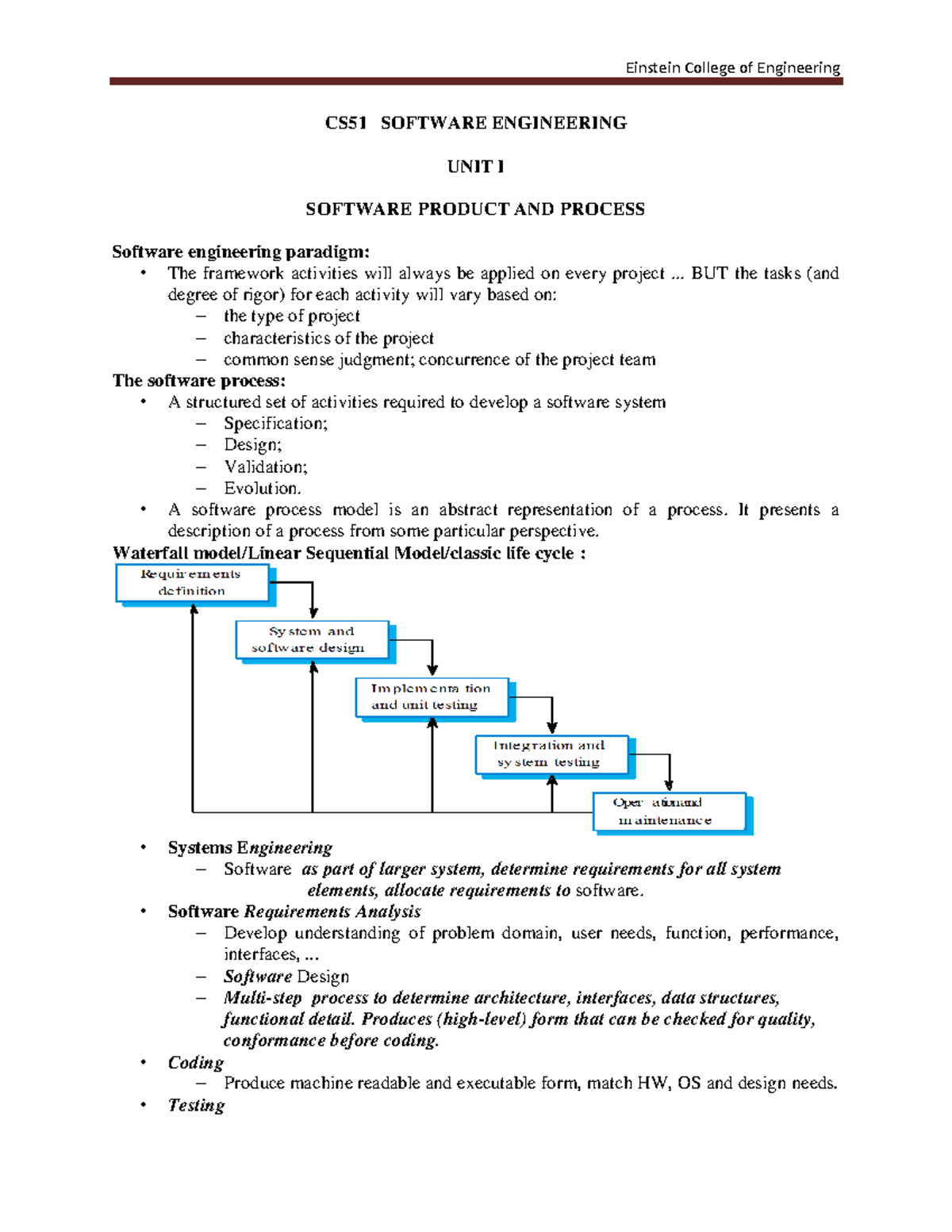 CS51 Software Engineering-1 - CS51 SOFTWARE ENGINEERING UNIT I SOFTWARE PRODUCT AND PROCESS ...