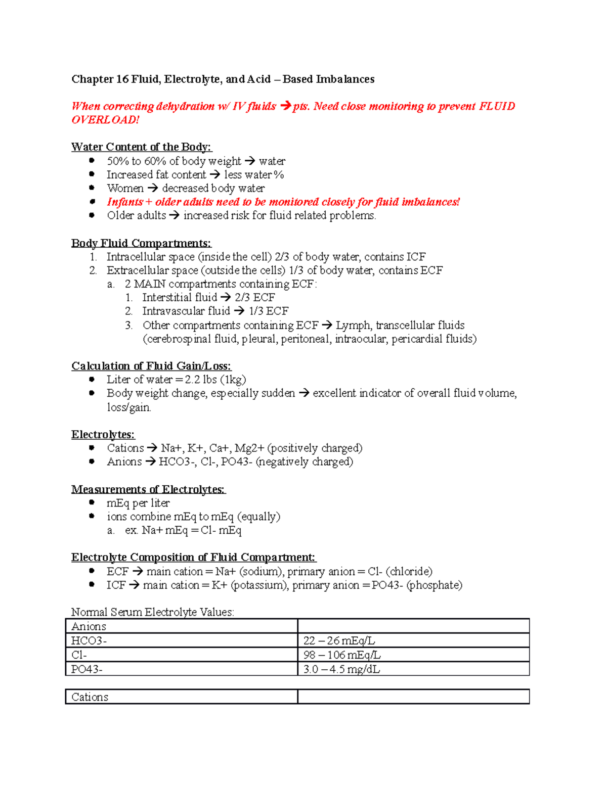 Chapter 16 Notes - idk - Chapter 16 Fluid, Electrolyte, and Acid ...
