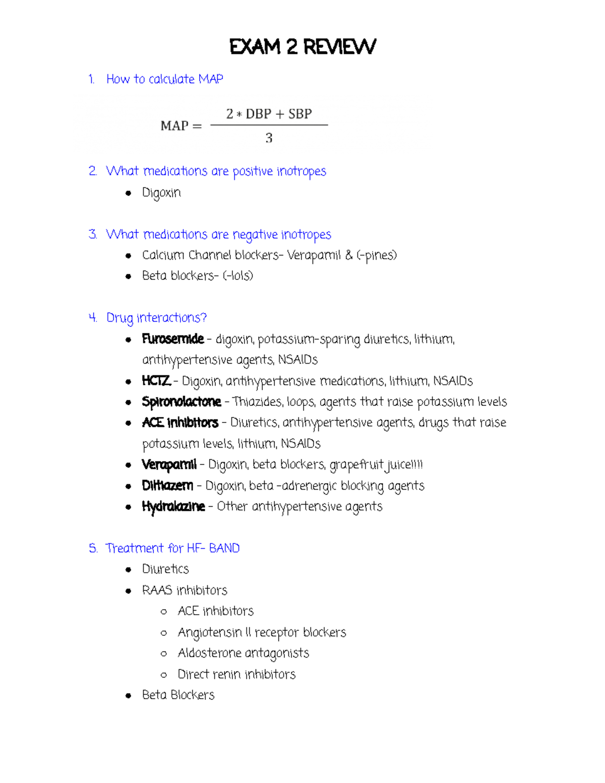 Exam 2 Review Pharm - study guide - 1. How to calculate MAP 2. What ...