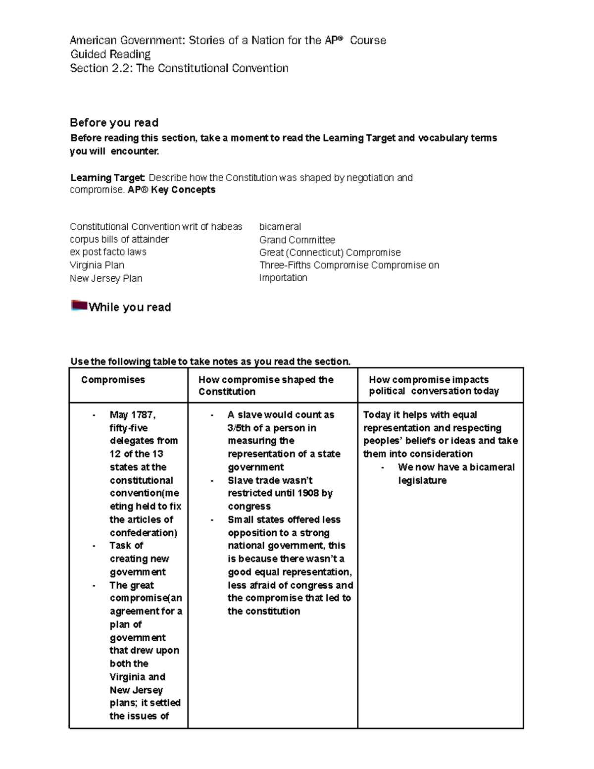 Copy of Chapter 2.2 Reading Guide - American Government: Stories of a ...
