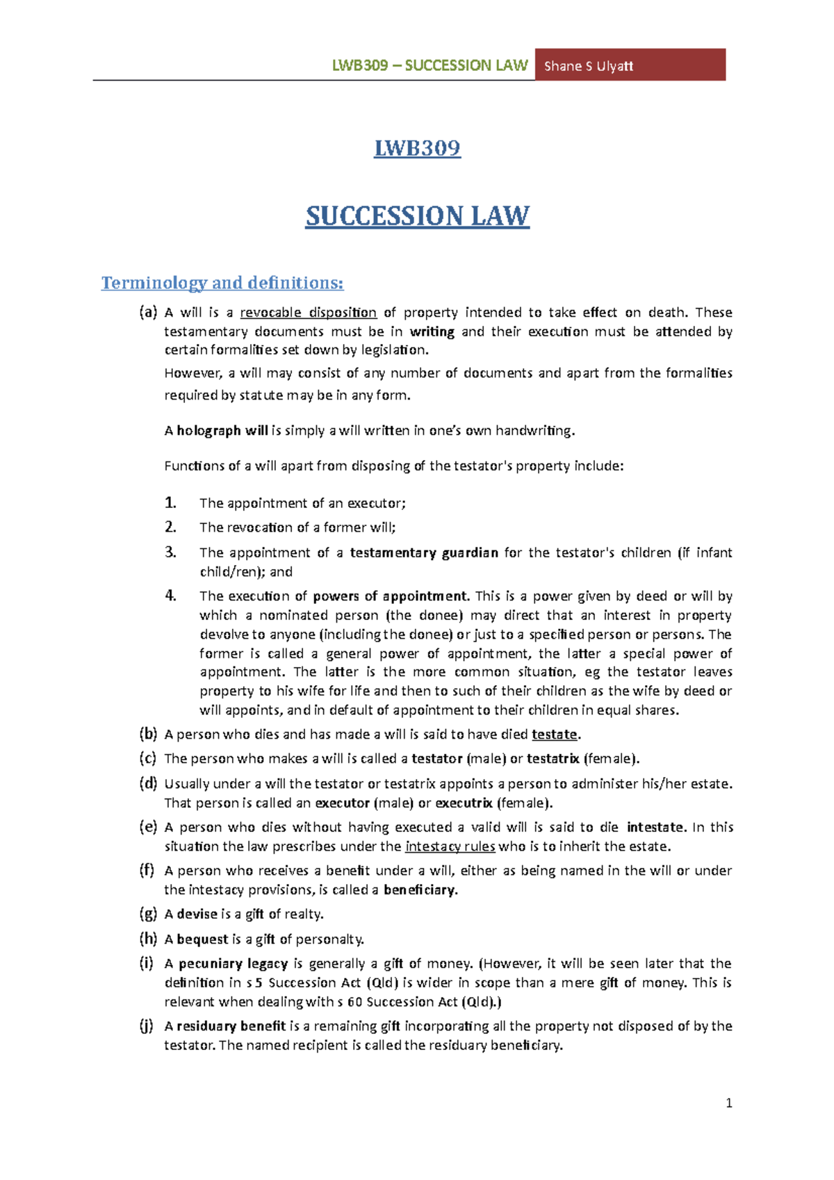 LWB309 SUCCESSION LAW Terminology and Definitions - Studocu