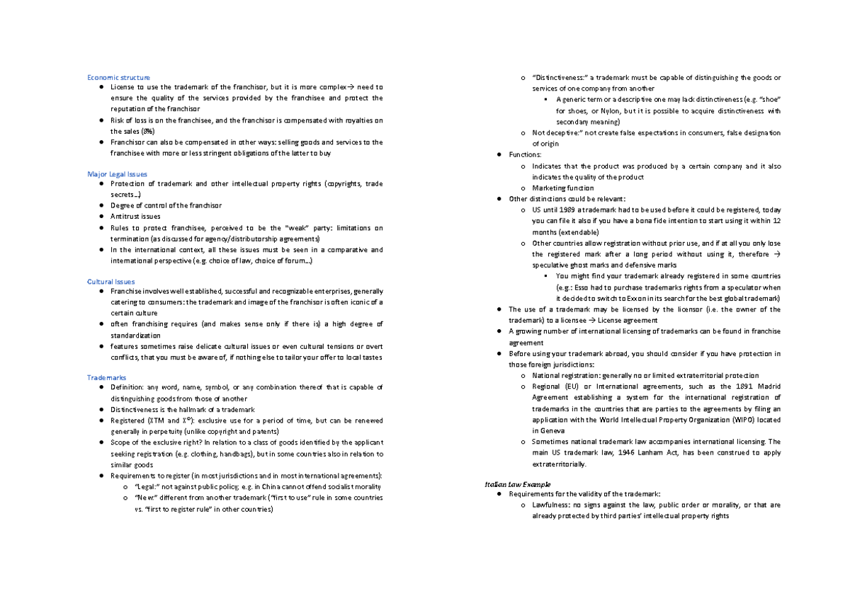 Lectures Lecture Notes Economic Structure License To Use The Trademark Of The Franchisor
