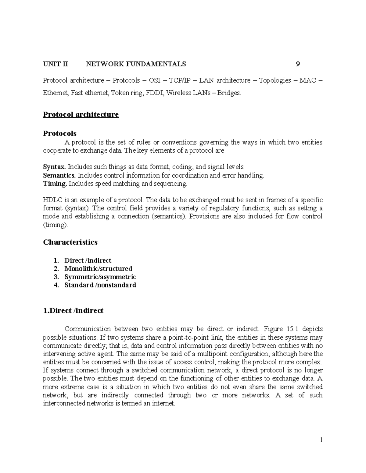 CNW 5 - Nil - UNIT II NETWORK FUNDAMENTALS 9 Protocol architecture ...