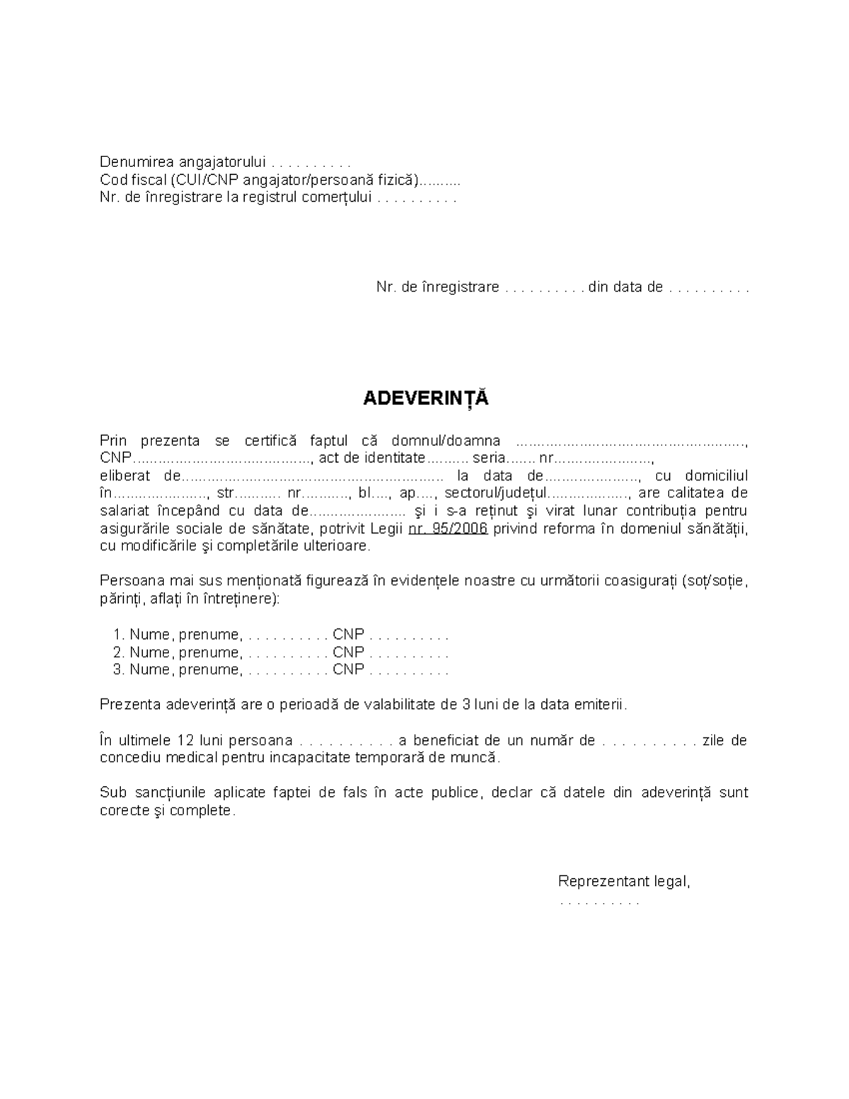 Adeverinta-asigurat - Denumirea angajatorului.......... Cod fiscal (CUI ...