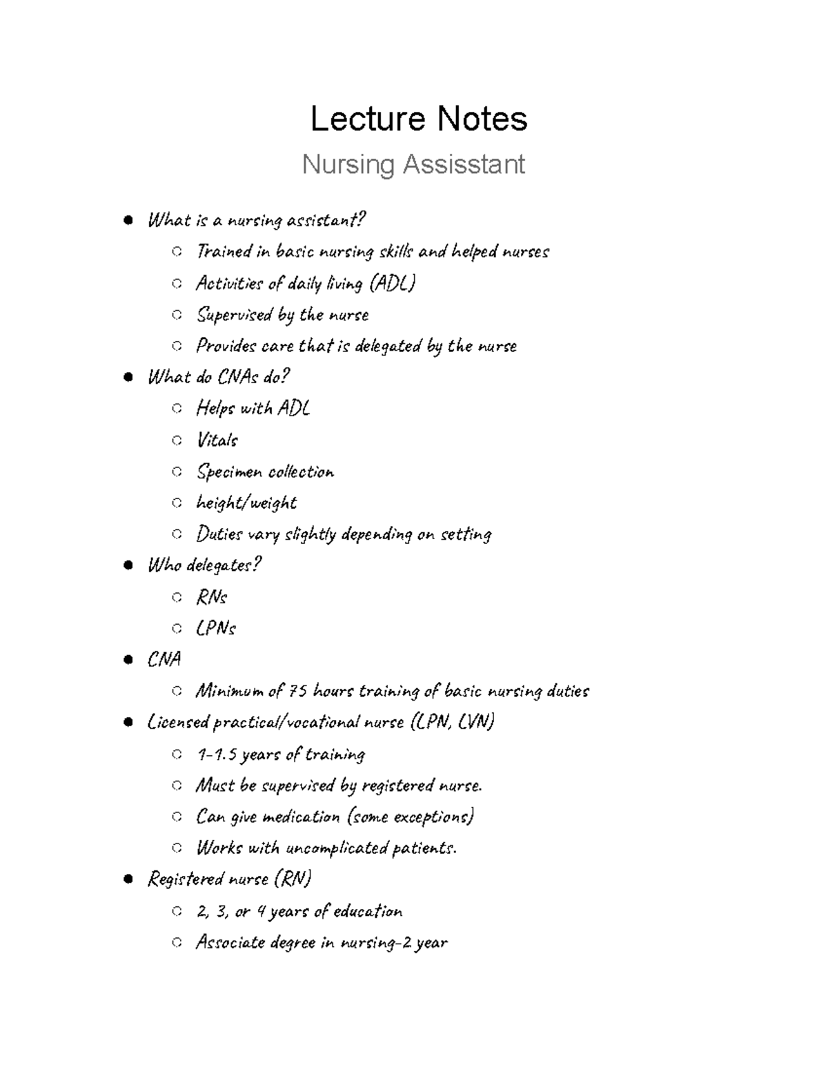 Nursing Assisstant Lecture Notes - Lecture Notes Nursing Assisstant Wha ...