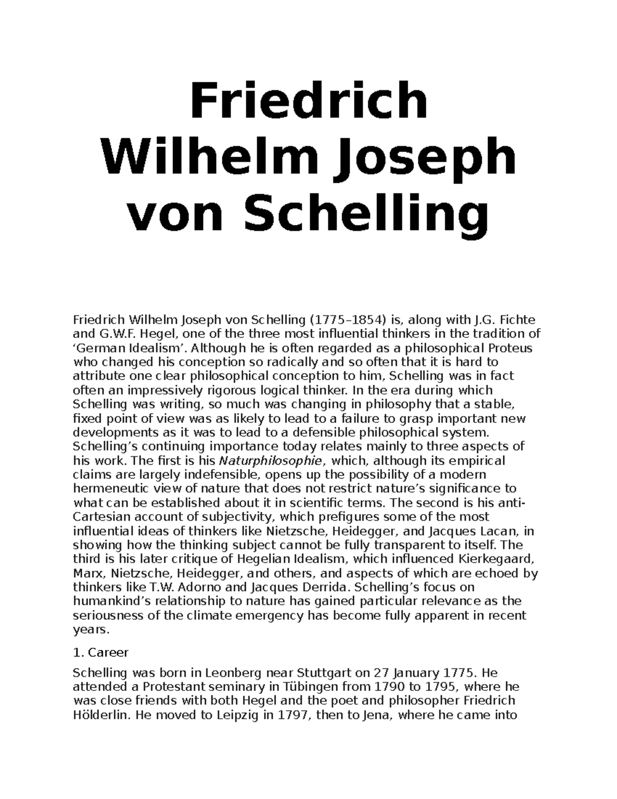 Lecture 17 Friedrich Wilhelm Joseph von Schelling - Friedrich Wilhelm ...