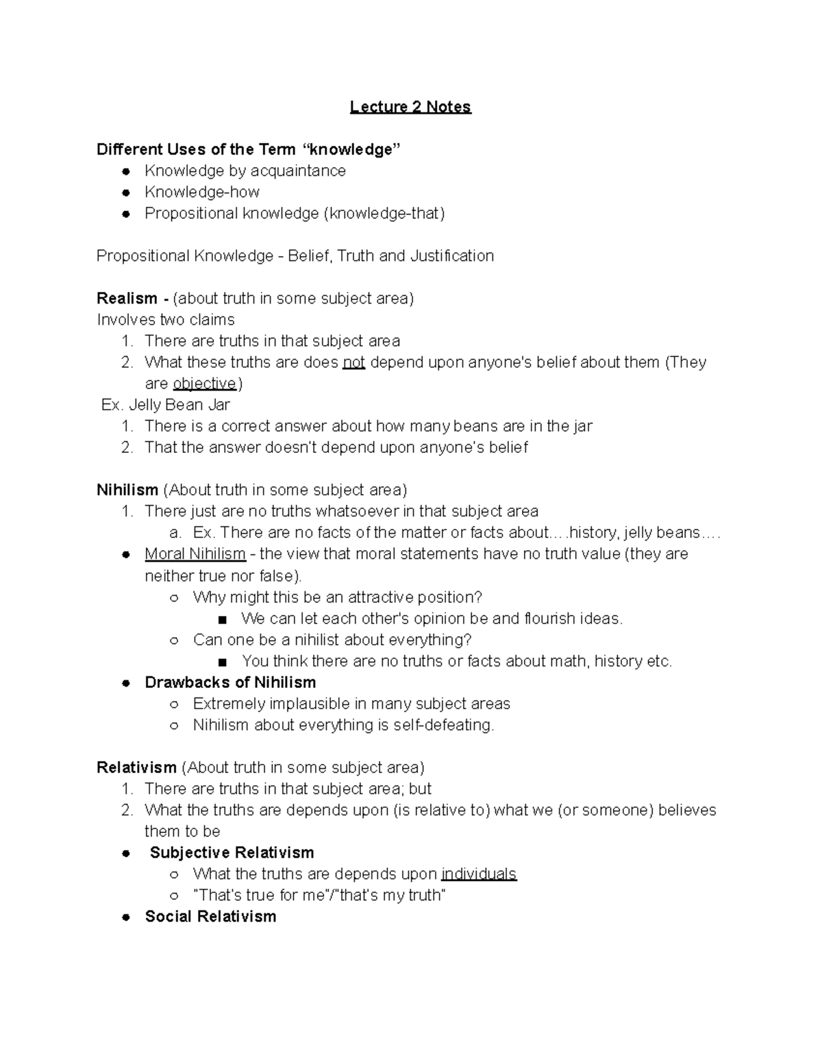 Lecture 2 Notes - Lecture 2 Notes Different Uses of the Term “knowledge ...