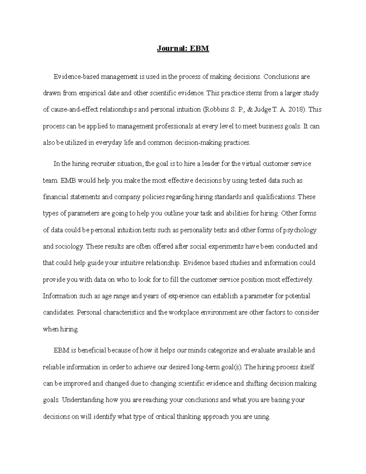 MT302 Unit1 Journal EBM - Journal: EBM Evidence-based management is ...