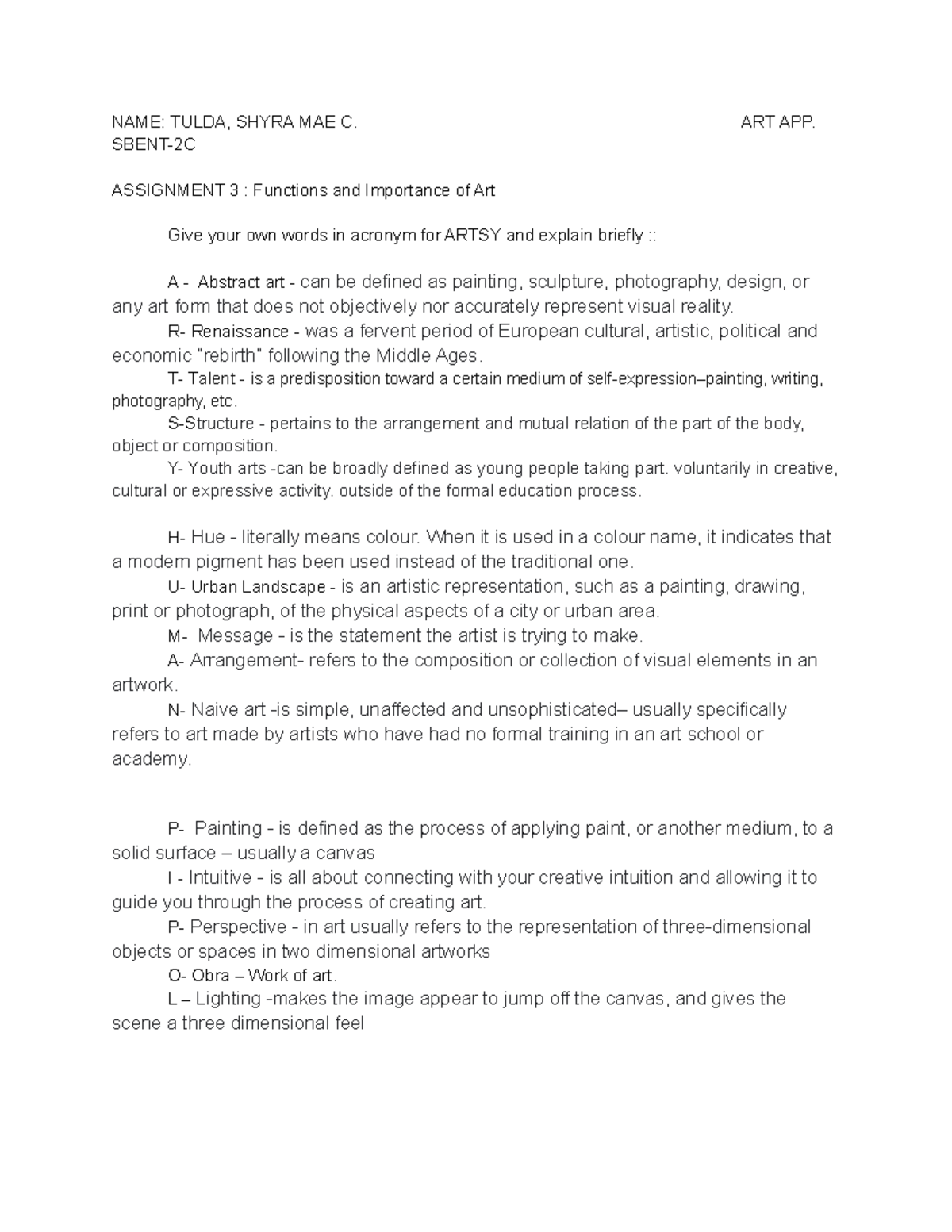 ART Appreciation - Assignment - NAME: TULDA, SHYRA MAE C. ART APP ...