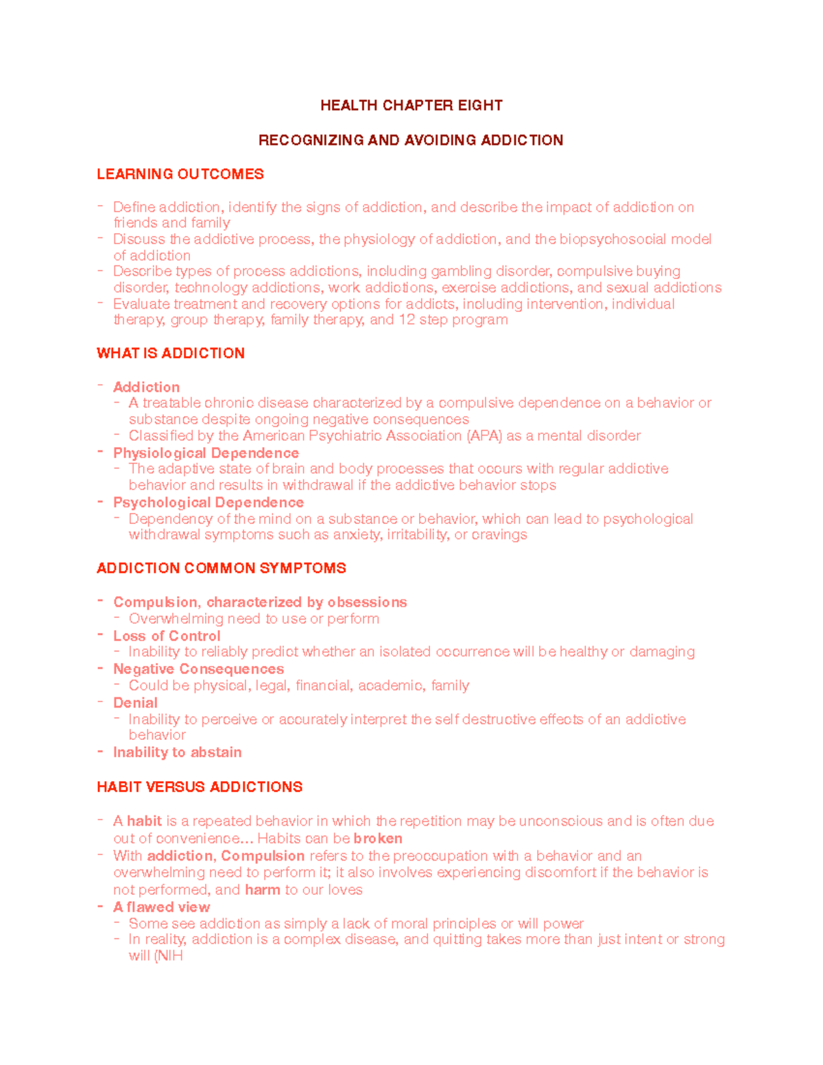 Hth 8 p.1 - Notes for Laura Blosser - HEALTH CHAPTER EIGHT RECOGNIZING ...