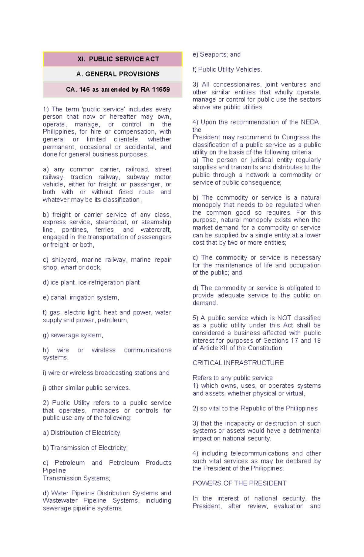 Notes ON Public Service ACT - XI. PUBLIC SERVICE ACT A. GENERAL ...