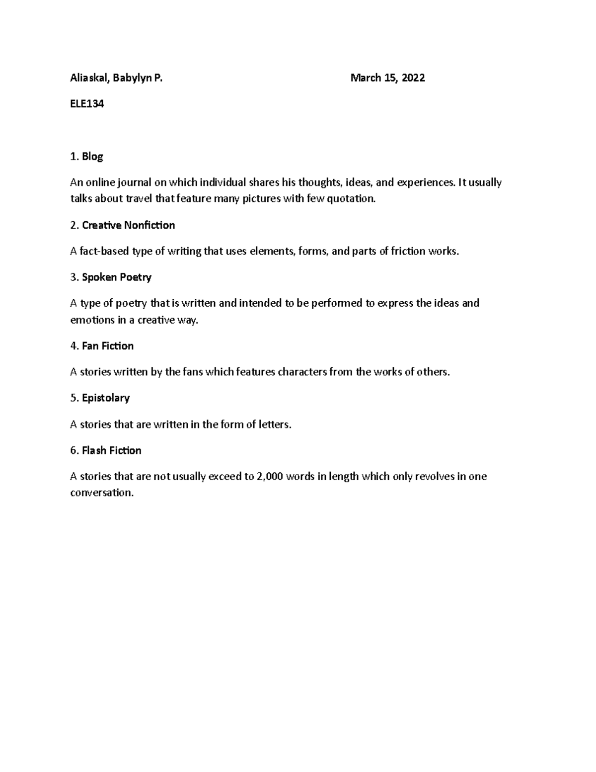 ELE 134-Assignment on Survey Of Philippine Literature for Grade 7 ...