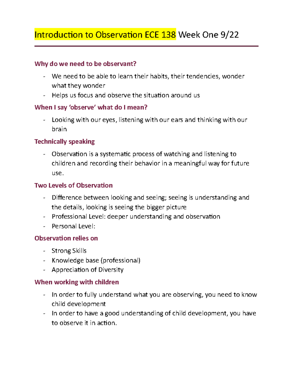 Introduction to Observation ECE 138- Week one - Two Levels of ...