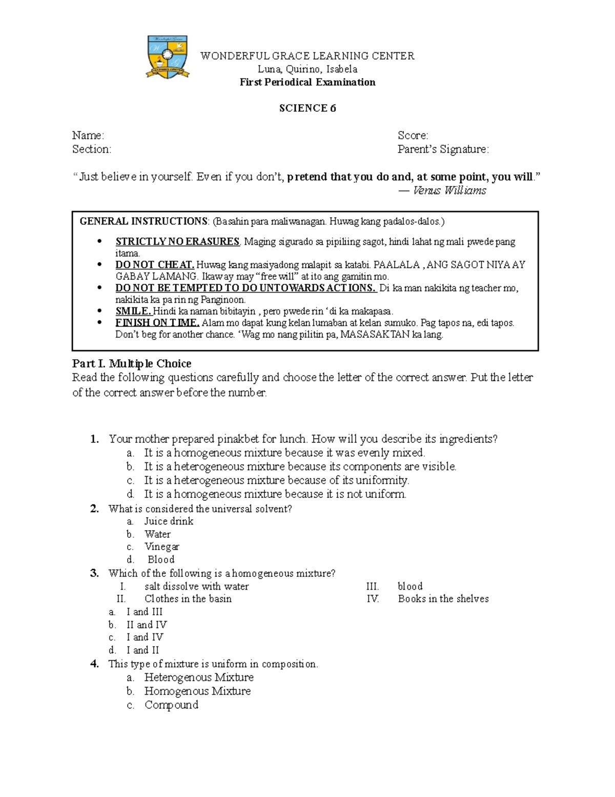 Science 6 - ASSESSMENT - Luna, Quirino, Isabela First Periodical ...