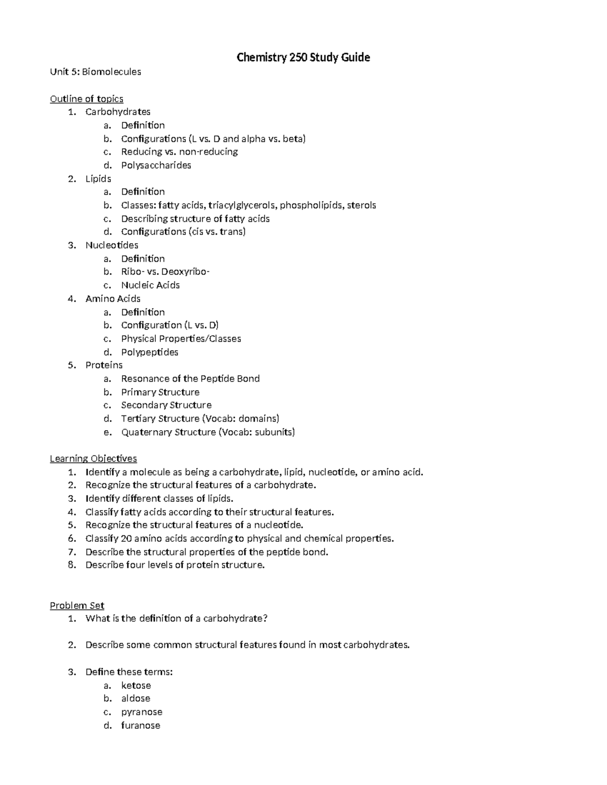 Biomolecules Study Guide #5 - Chemistry 250 Study Guide Unit 5 ...
