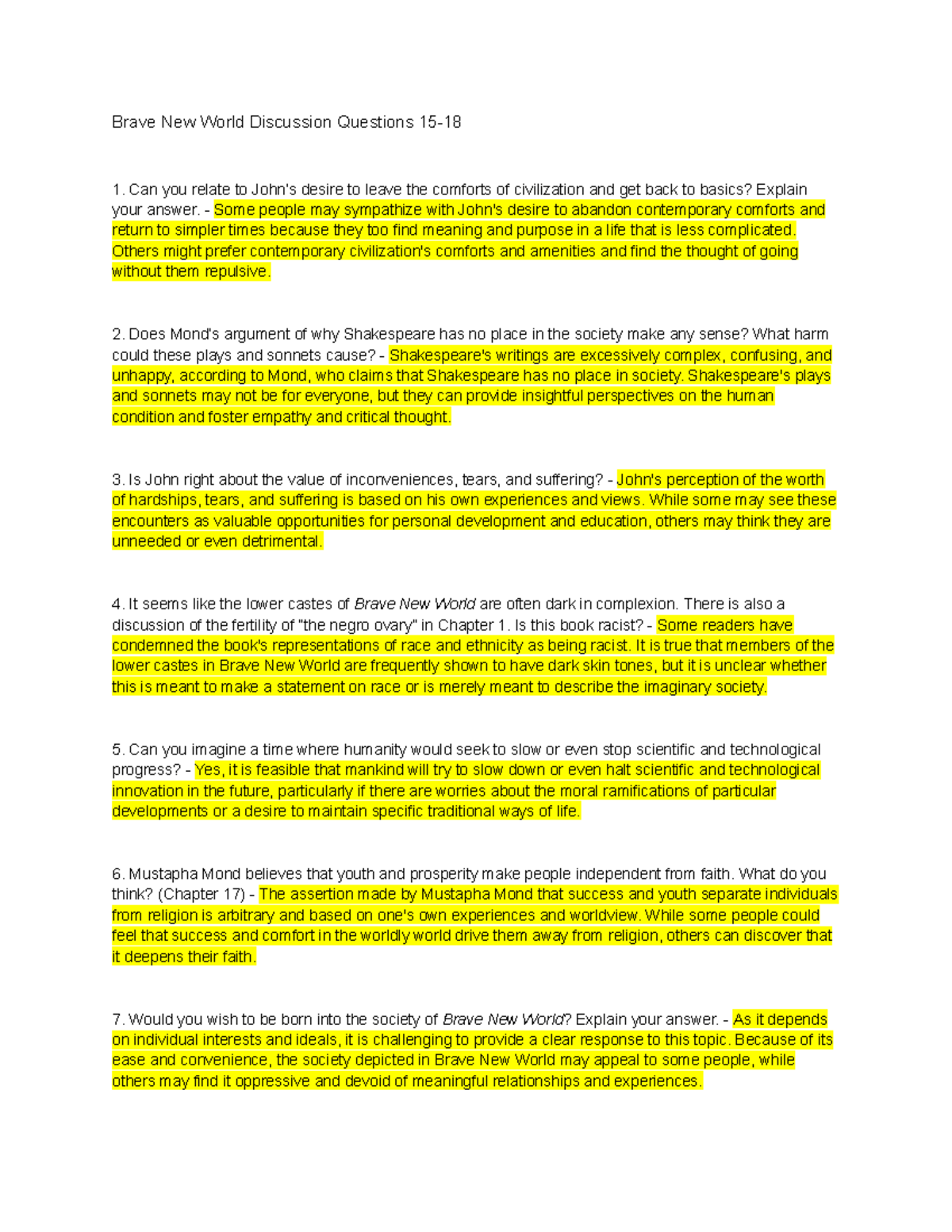 Brave New World Discussion Questions 15-18 - Some people may sympathize ...