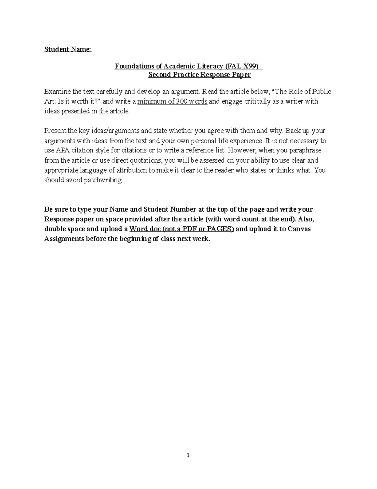 Second Practice Response paper - Student Name: Foundations of Academic ...