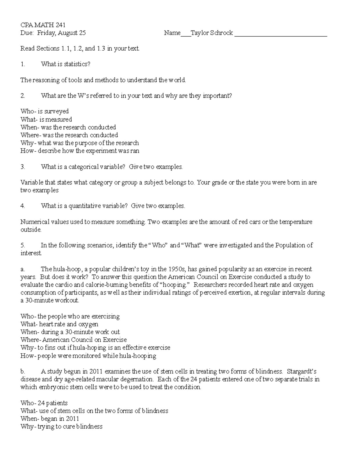 MATH 241 CPA 1 - CPA - CPA MATH 241 Due: Friday, August 25 Name ...