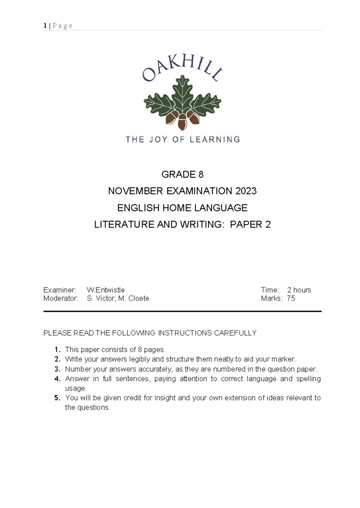Grade 8 Paper 2 November 2023 - GRADE 8 NOVEMBER EXAMINATION 2023 ...