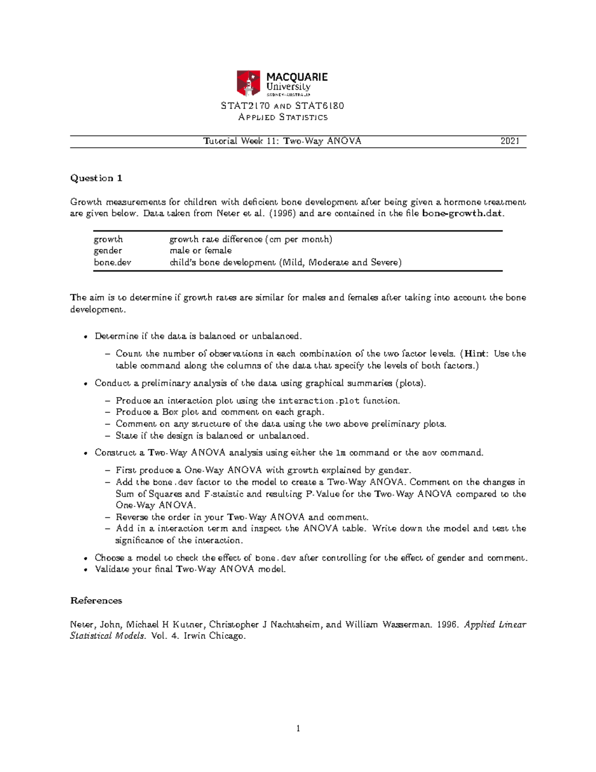 Stat2170 Tutorial Week11 Stat2170 And Stat Applied Statistics Tutorial Week 11 Two Way Anova