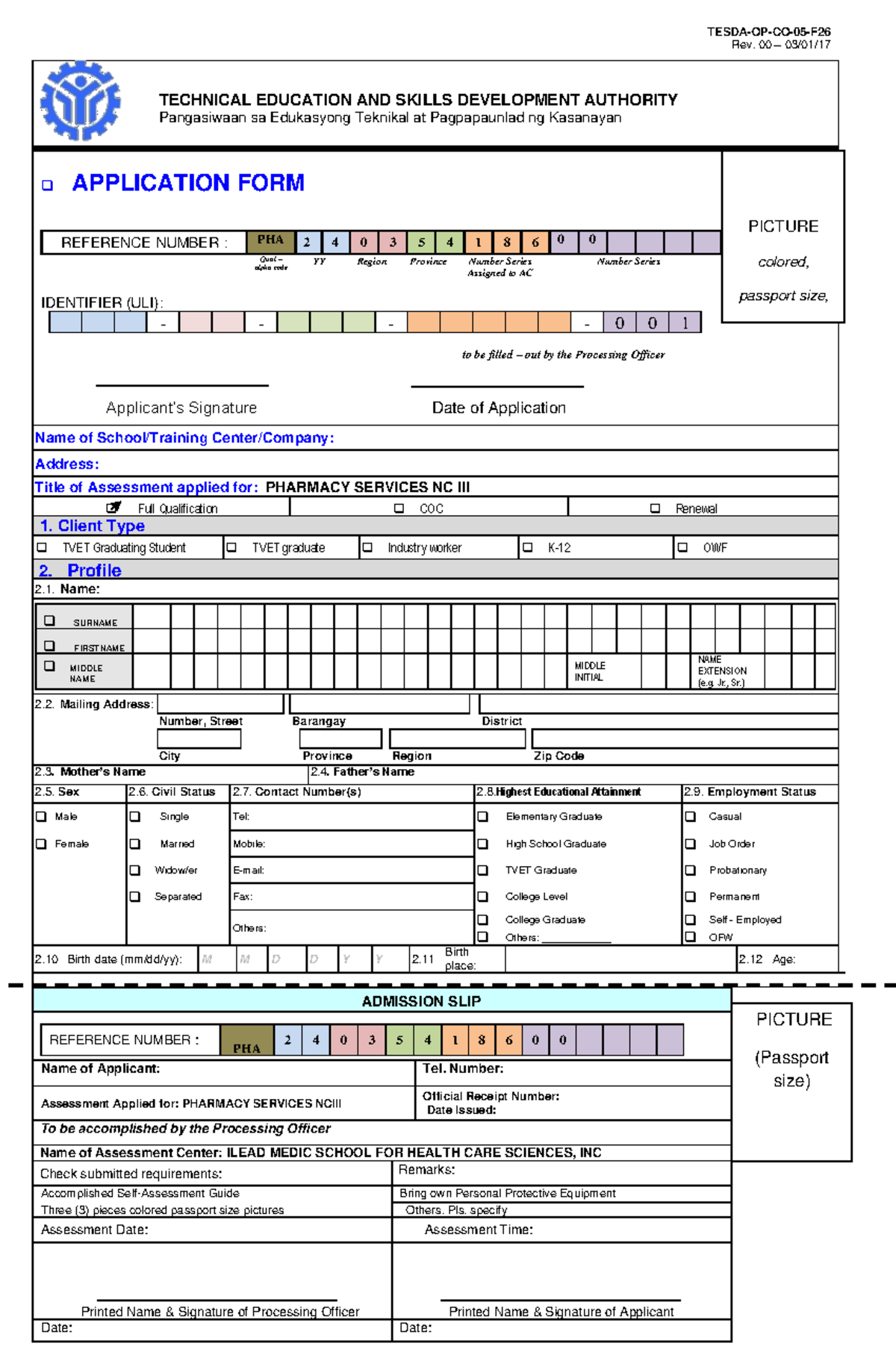 Assessment- Application-FORM for Pharmacy - TESDA-OP-CO- 05 - F Rev. 00 ...