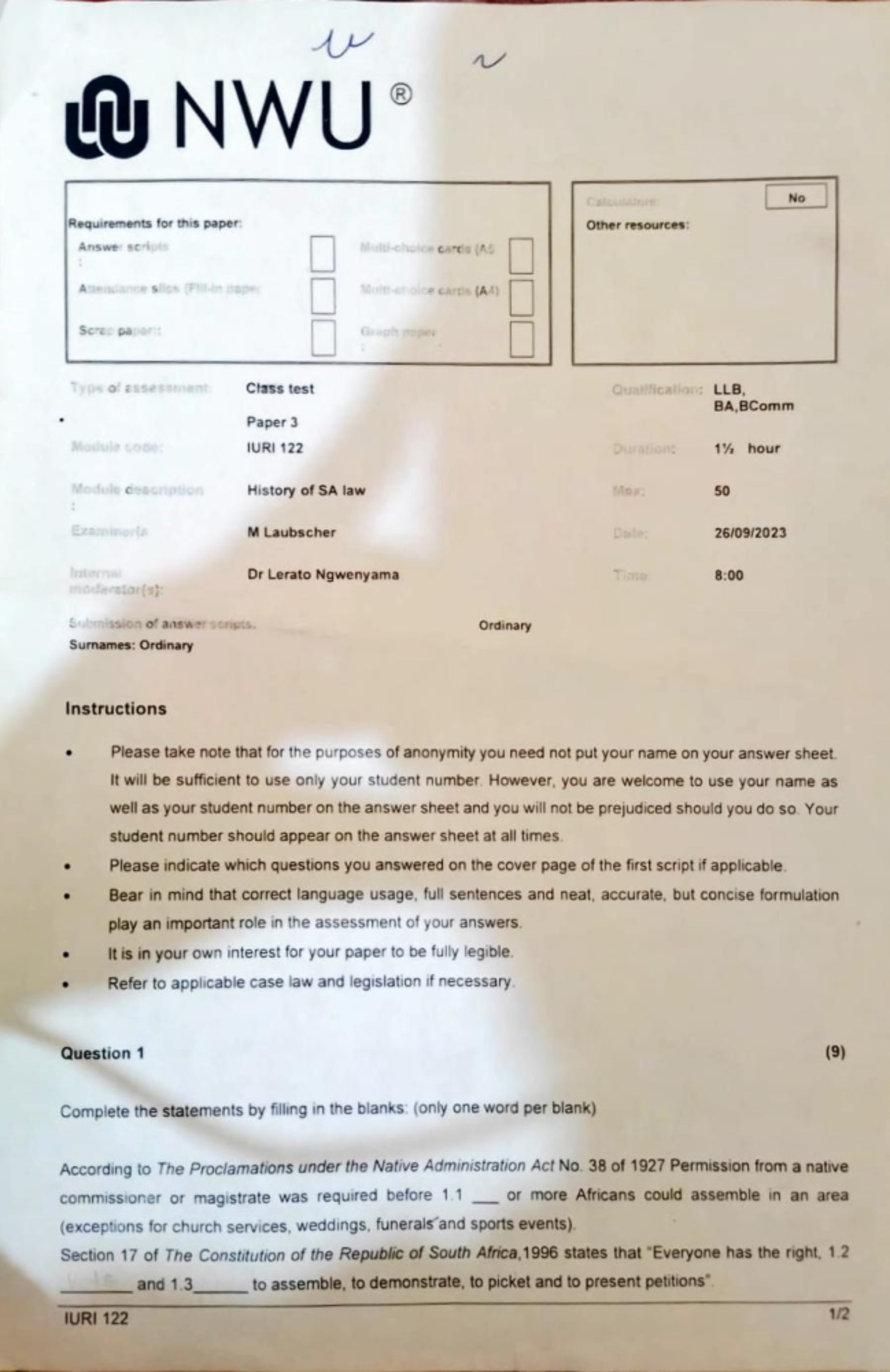 September assessment - NWU Requirements for this paper: ####### Answe ...