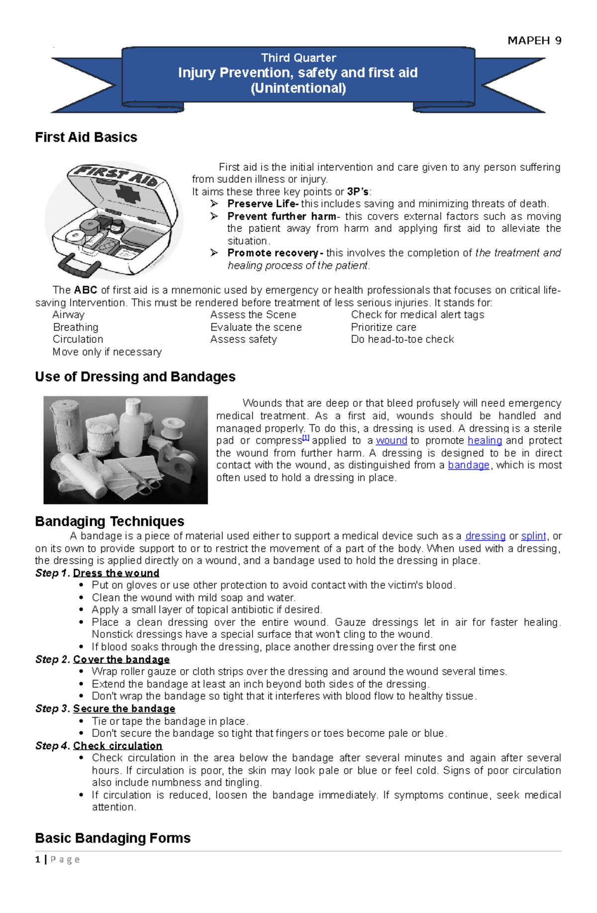 Health - MAPEH 9 First Aid Basics First aid is the initial intervention ...