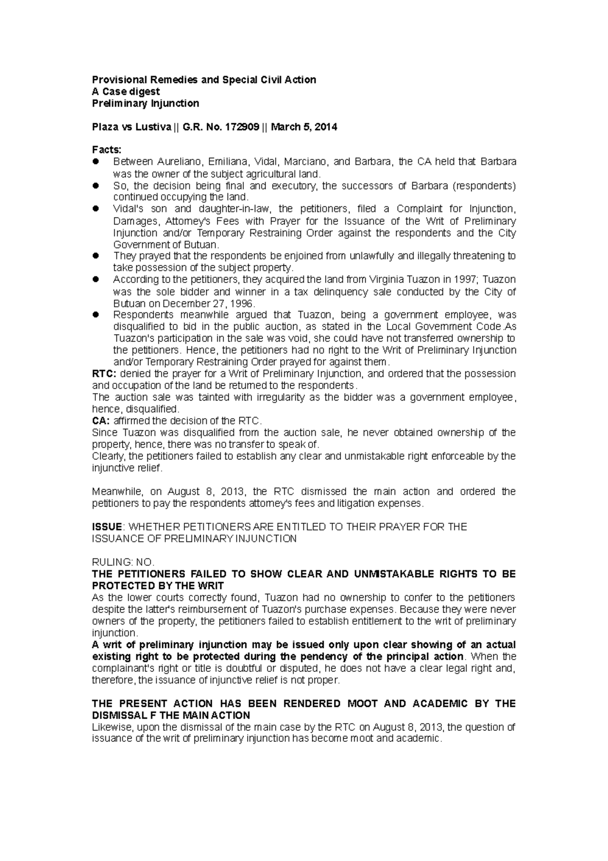 Plaza vs Lustiva GR No 172909 A case digest - Provisional Remedies and Special Civil Action A ...