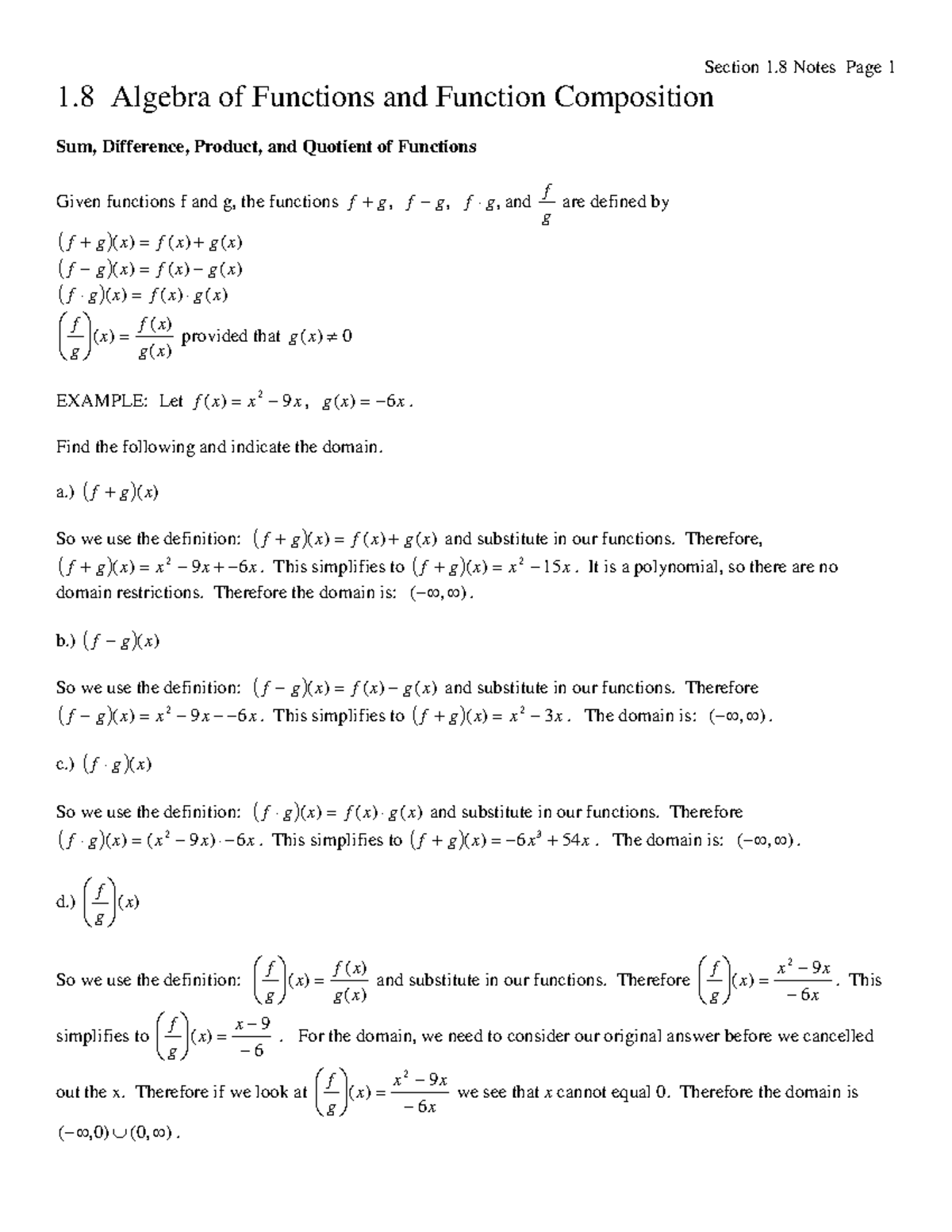 1 8 Notes 126M 1 Algebra Of Functions And Function Composition Sum