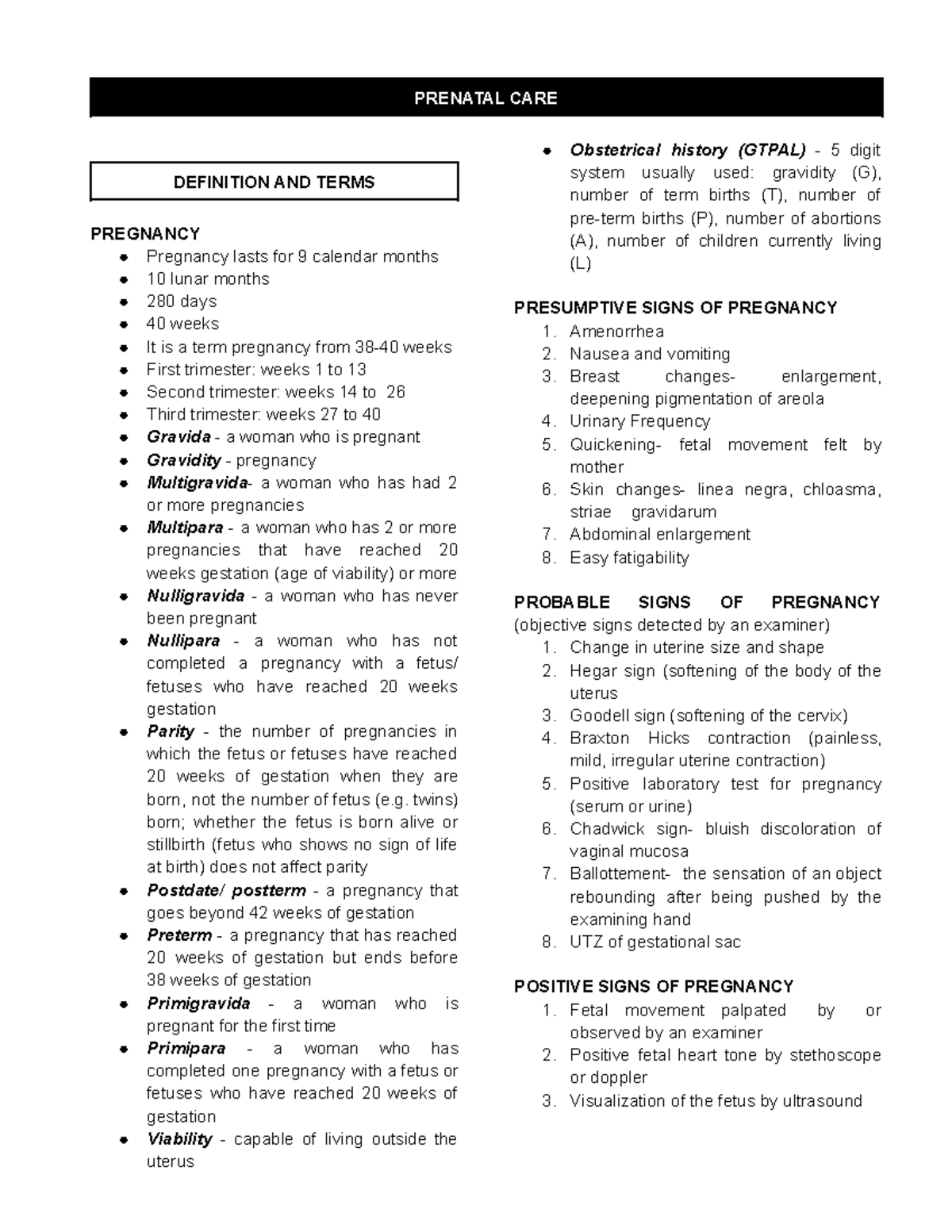 Prenatal CARE - Nursing notes - PRENATAL CARE DEFINITION AND TERMS ...