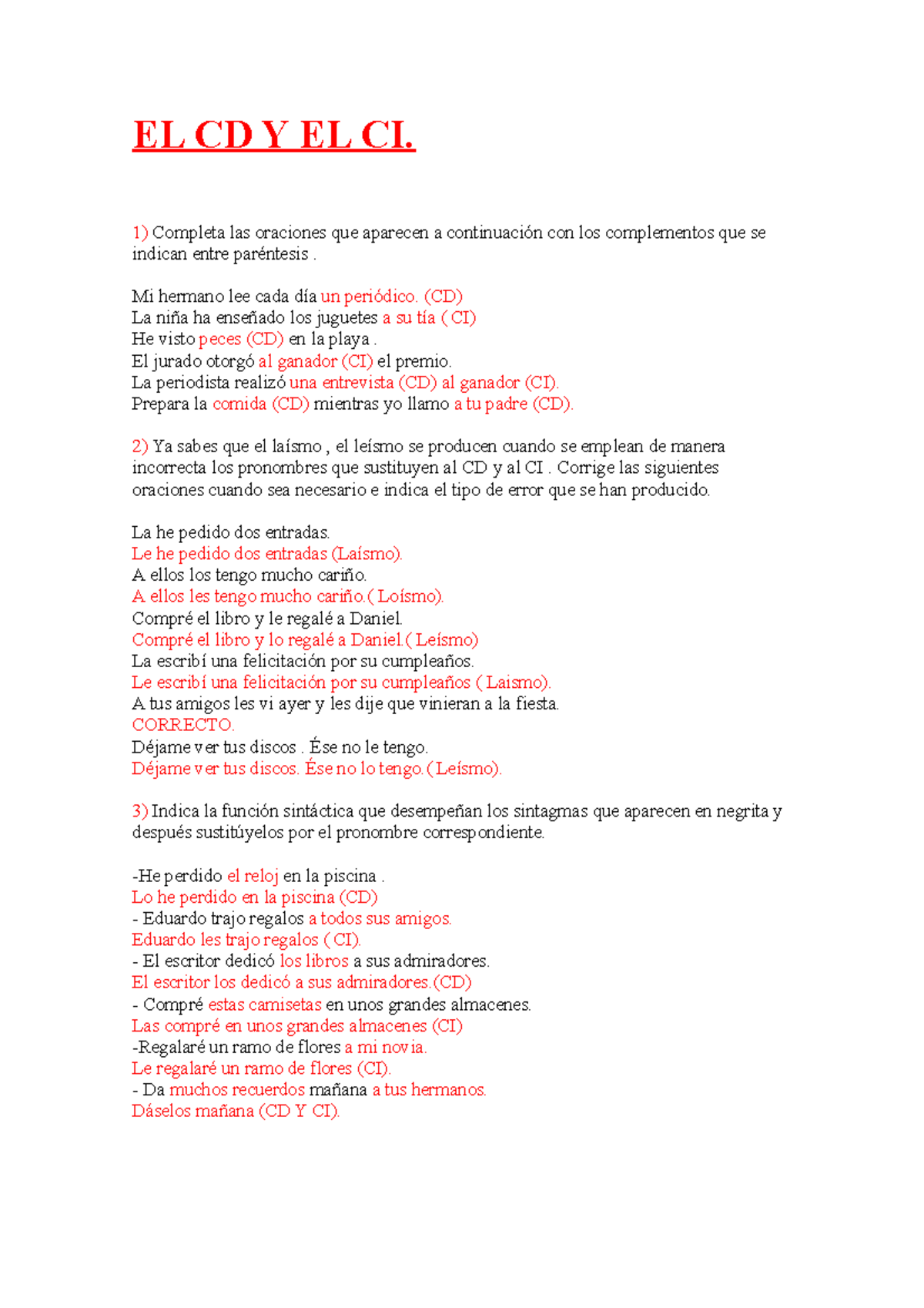 EL CD Y EL CI - Actividades sintaxis cd y ci - EL CD Y EL CI. Completa ...