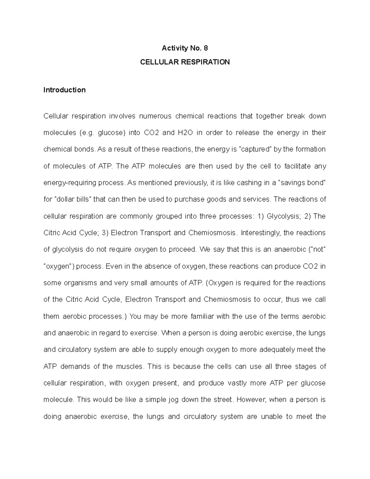 Activity 8 Celluar Respiration - Activity No. 8 CELLULAR RESPIRATION ...