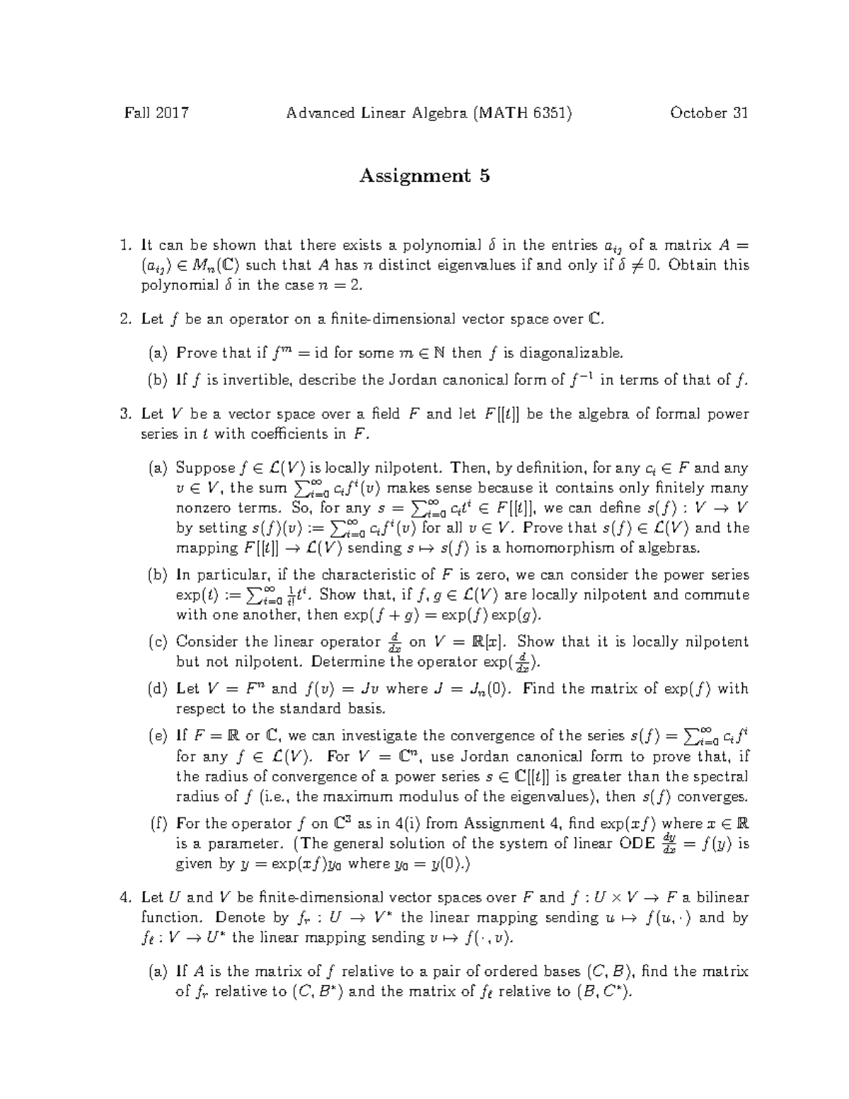 Assignment 5 - due October 31, 2017 - Fall 2017 Advanced Linear Algebra ...