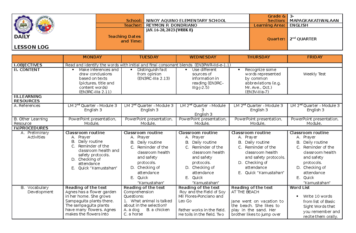 Q2 English WEEK 7 - GRADE THREE DAILY LESSON LOG School: NINOY AQUINO ...