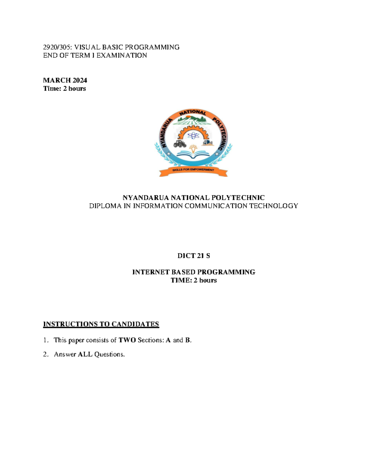 Internet Programming auto - 2920/305: VISUAL BASIC PROGRAMMING END OF TERM I EXAMINATION MARCH ...