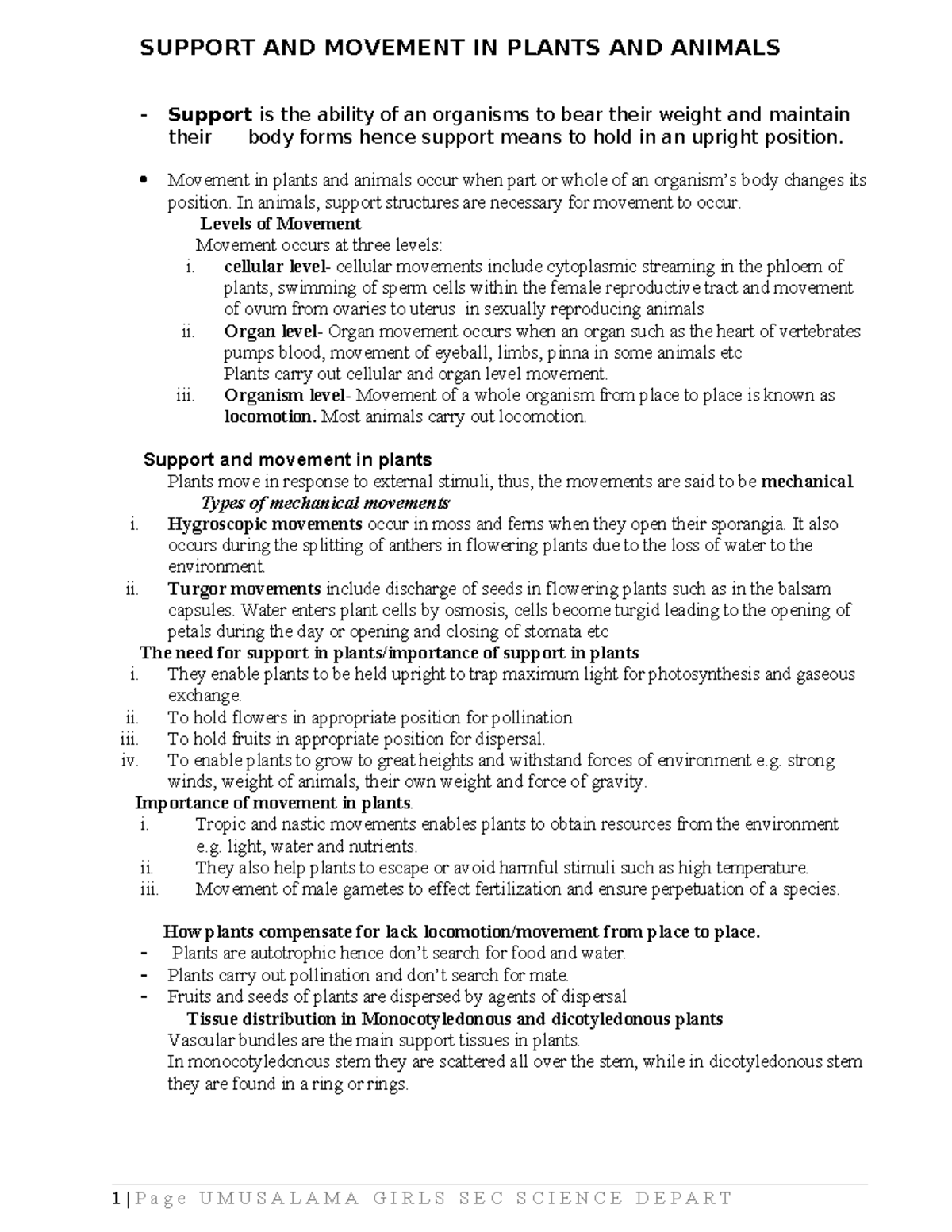 17 Support AND Movement IN Plants AND Animals - SUPPORT AND MOVEMENT IN ...