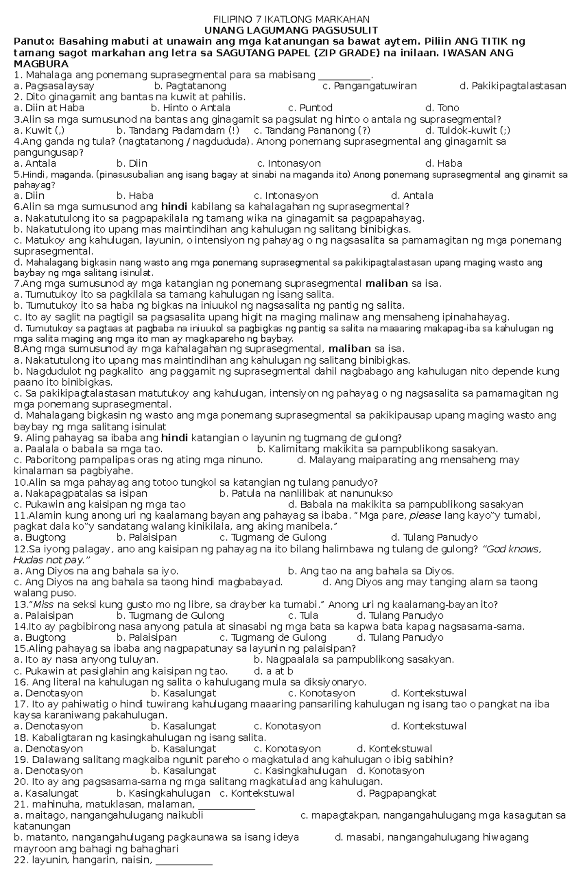 Summative 1 3RD Q - not applicable - FILIPINO 7 IKATLONG MARKAHAN UNANG ...