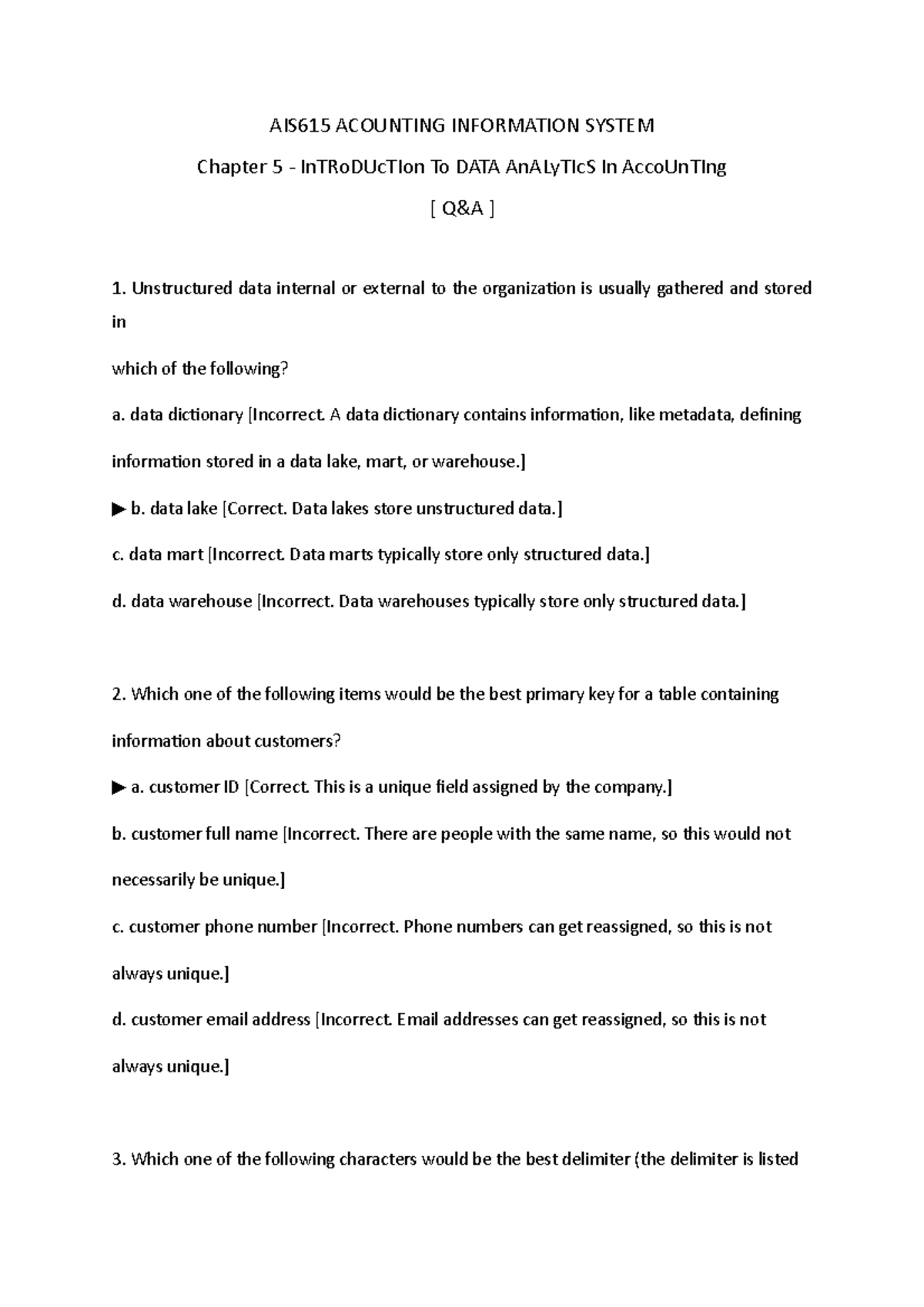 AIS615 Q&A Chapter 5 - AIS615 ACOUNTING INFORMATION SYSTEM Chapter 5 - InTRoDUcTIon To DATA ...