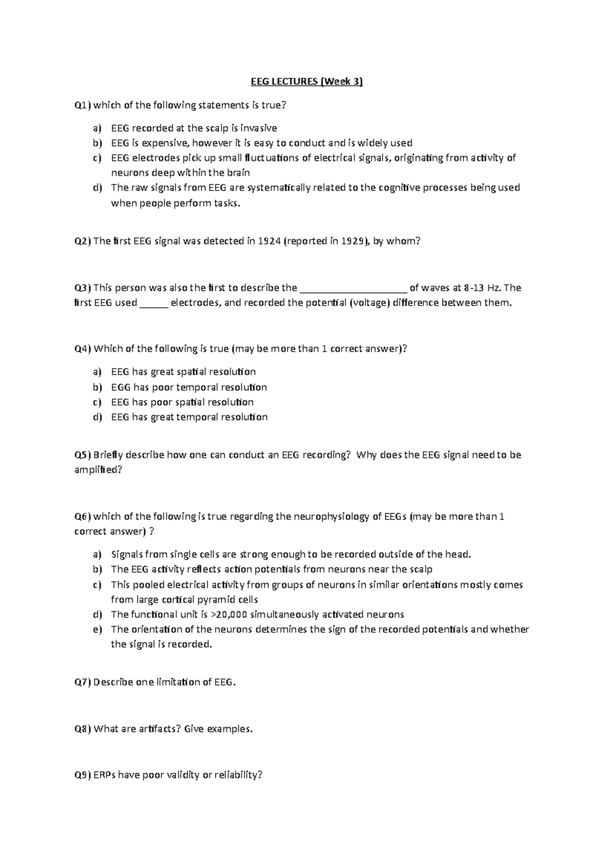 2019 EEG worksheet 2 - EEG LECTURES (Week 3) Q1) which of the following ...