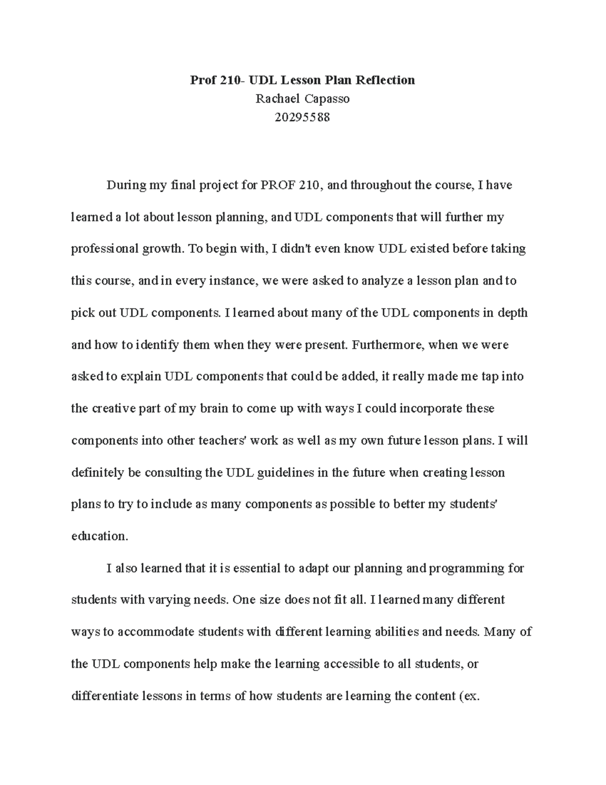 PROF 210 Reflection - prof assignment - Prof 210- UDL Lesson Plan Reflection Rachael Capasso ...