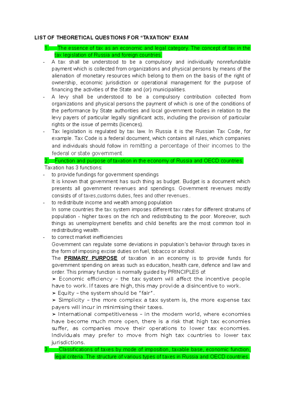Theoretical Questions FOR Taxation EXAM - LIST OF THEORETICAL QUESTIONS ...