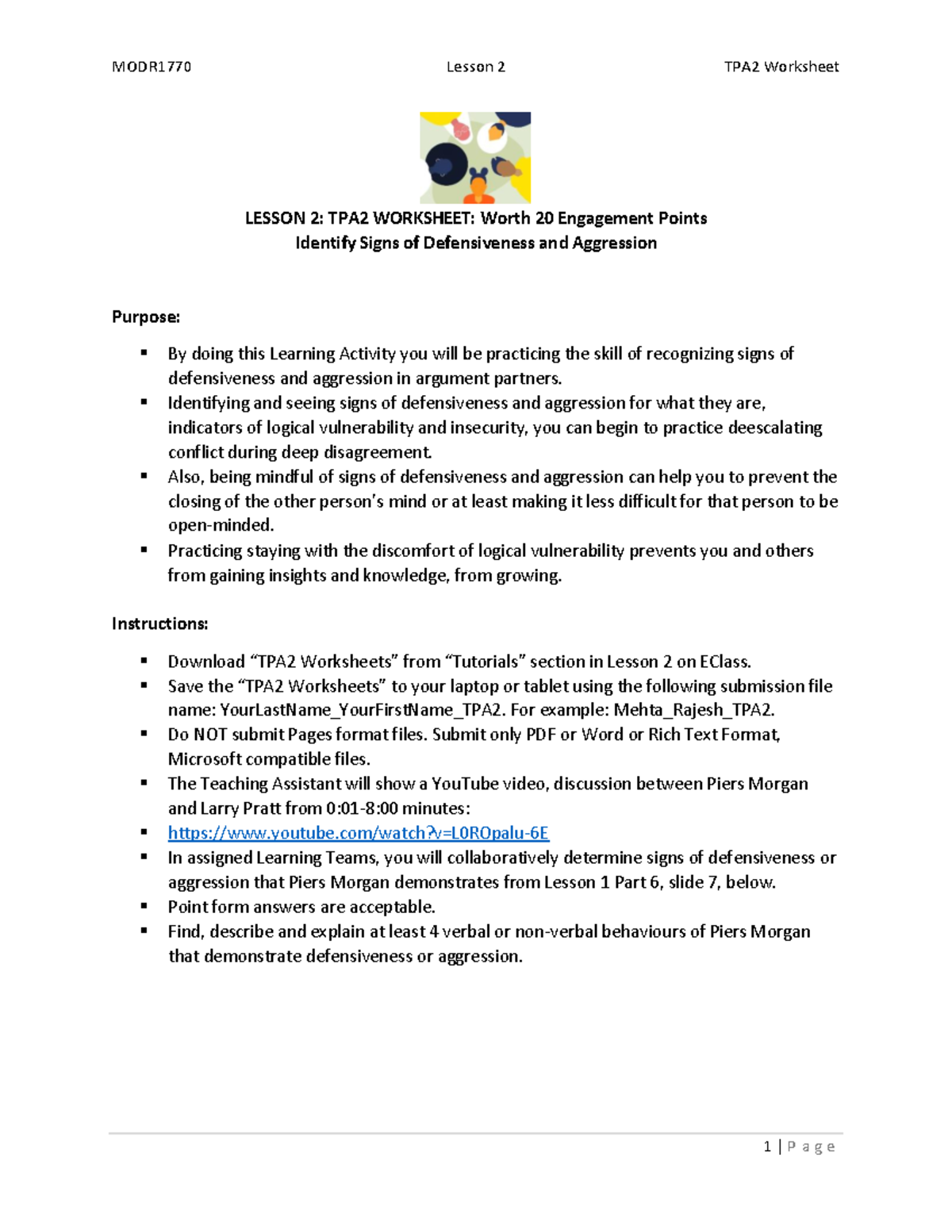 TPA Worksheet WEEK 2 - class work - MODR17 70 Lesson 2 TPA 2 Worksheet ...