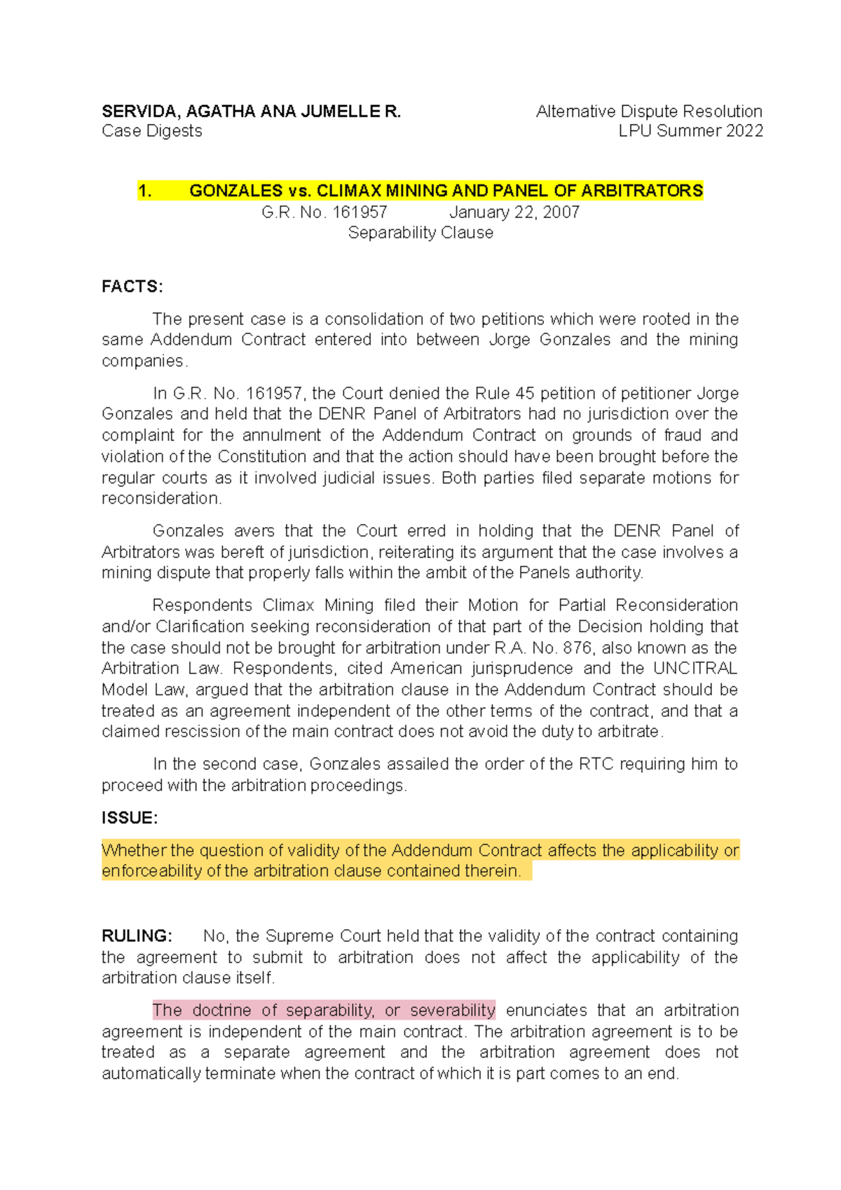 Servida - ADR Case Digests - SERVIDA, AGATHA ANA JUMELLE R. Alternative ...