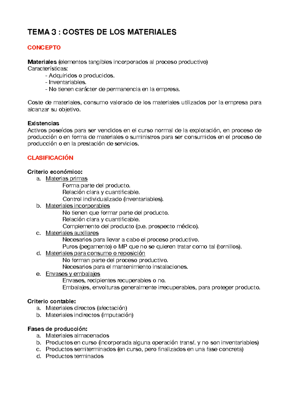 Esquema T3 Costes - TEMA 3 : COSTES DE LOS MATERIALES CONCEPTO ...